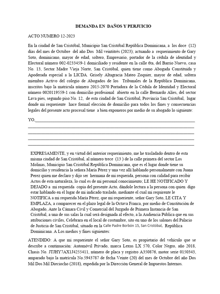 Modelo-de-Demanda en Daños y Perjuicios | PDF | República Dominicana | Sentencia (ley)