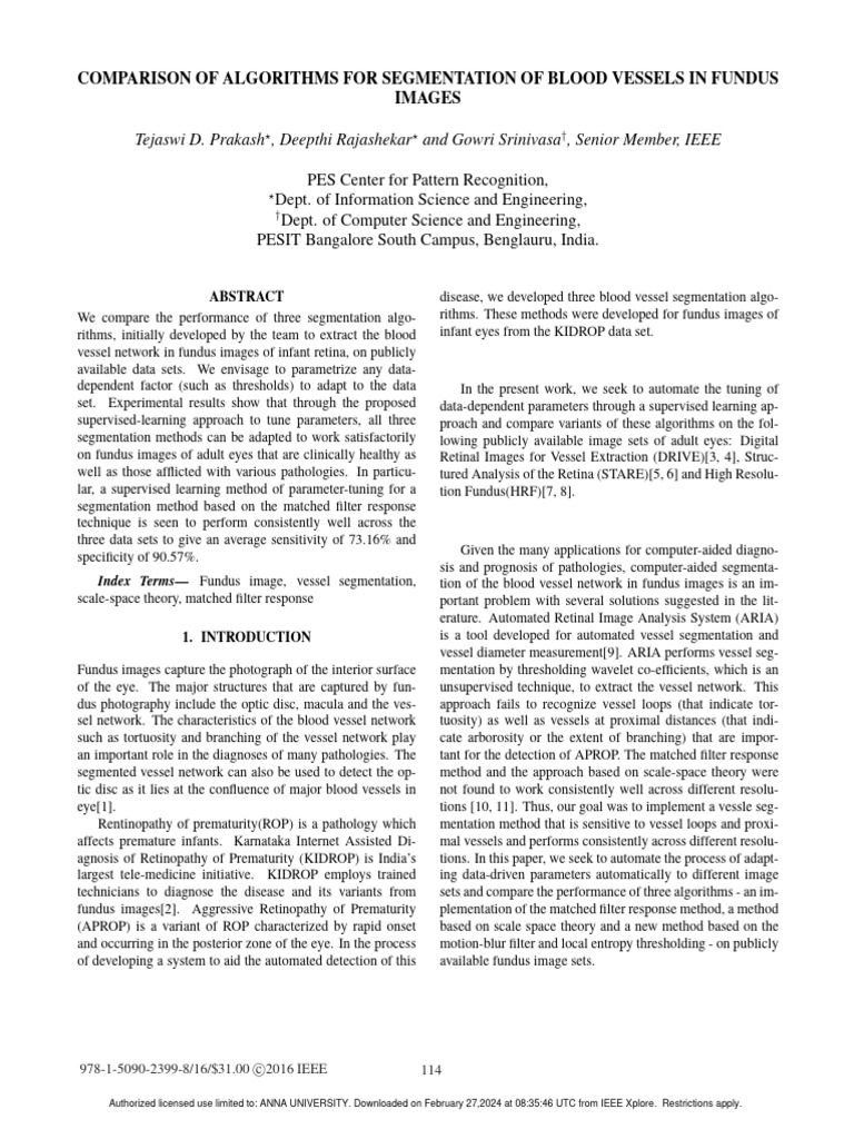 Comparison of Algorithms For Segmentation of Blood Vessels in Fundus Images | PDF | Image ...