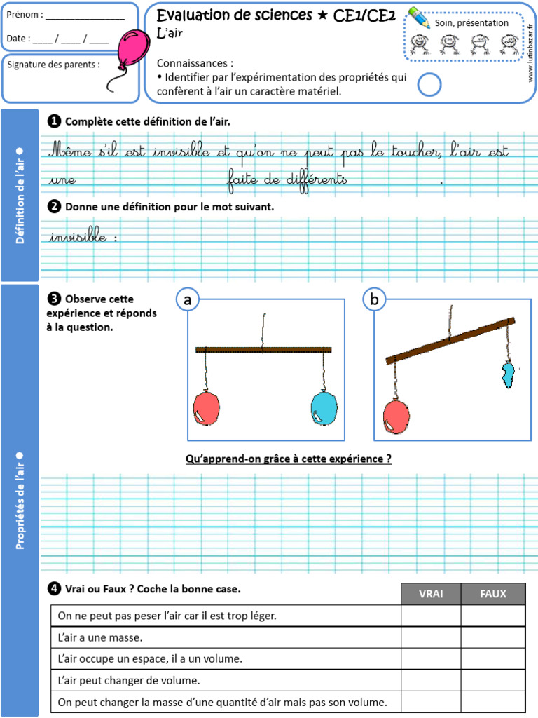 Évaluation sur l'air CE1/CE2 | PDF