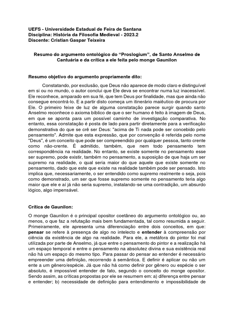 Resumo Do Argumento Ontológico Do "Proslogium" (Corrigido - Versão ...