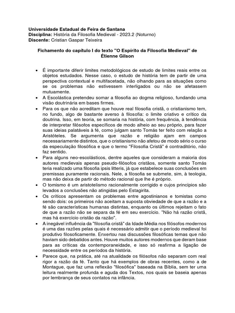 Fichamento Do Capítulo I Do Texto O Espírito Da Filosofia Medieval, de Étienne Gilson | PDF ...