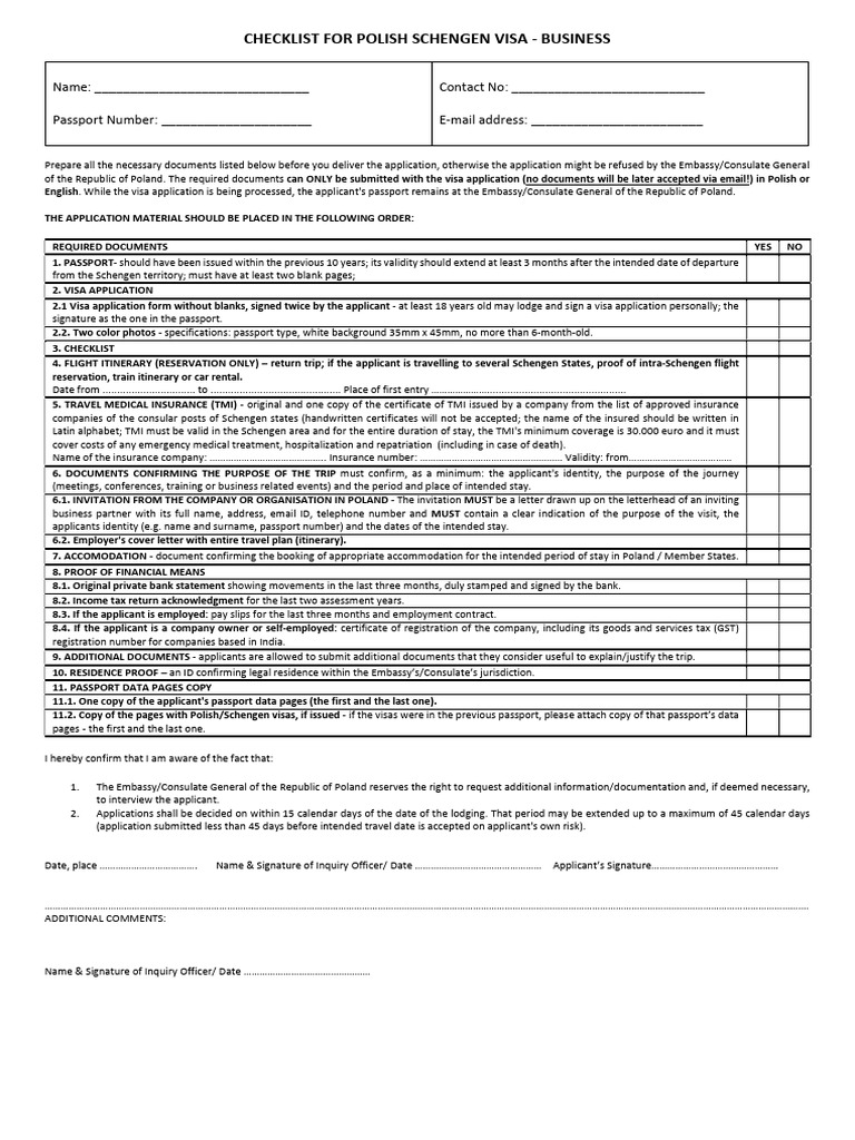 Poland Bus Checklist Form Aug 23 | PDF | Travel Visa | Passport