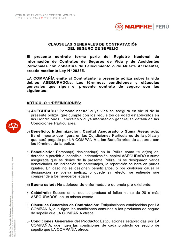 Clausulas de Contratacion Seguro SIM - Decesos | Descargar gratis PDF | Póliza de seguros | Seguro