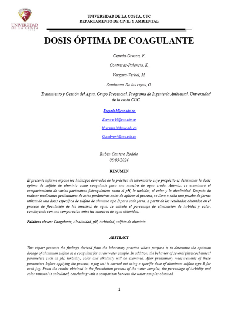 DOSIS ÓPTIMA DE COAGULANTE | PDF | Coloide | Agua