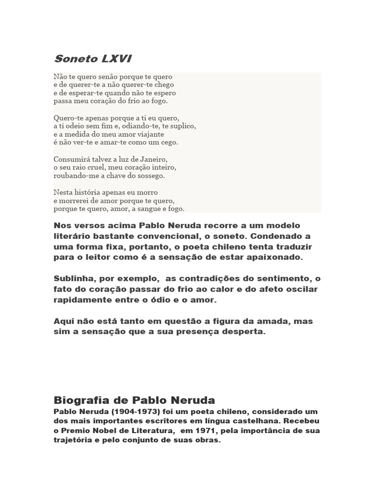 Soneto LXVI - Análise Do Poema de Pablo Neruda | PDF | Poesia | Clássicos