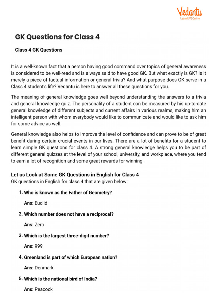 GK Questions For Class 4 | PDF