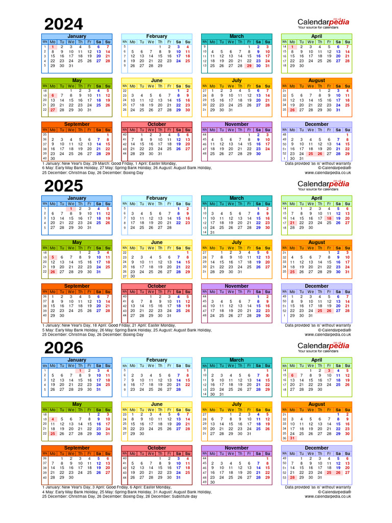 Three Year Calendar 2024 2025 2026 Portrait in Colour | PDF ...