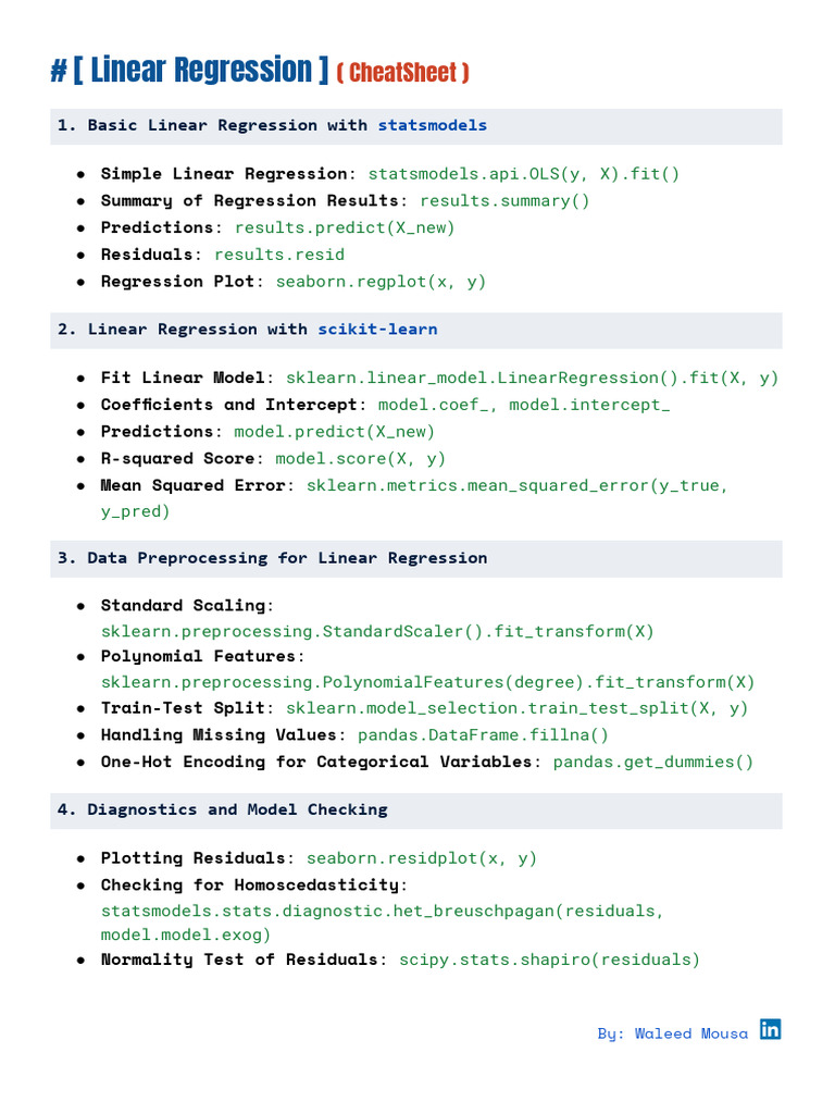 Linear Regression - Cheatsheet | PDF | Linear Regression | Errors And Residuals