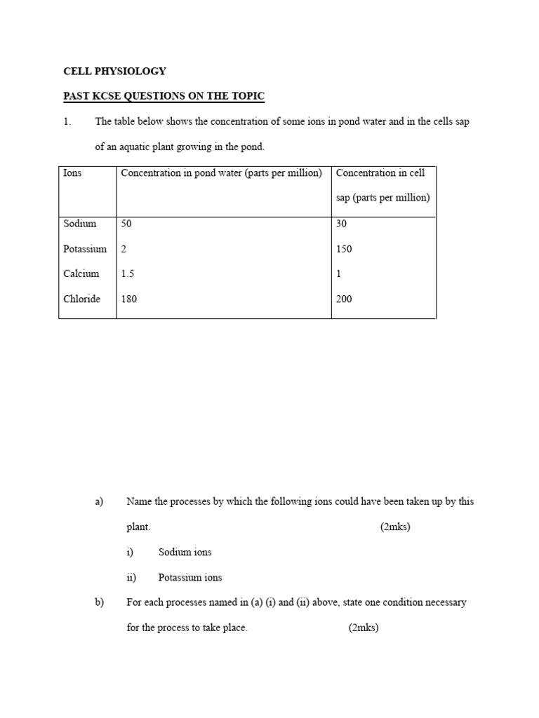 Form 1 Cell Physiology Questions Teacher - Co .Ke | PDF | Biology
