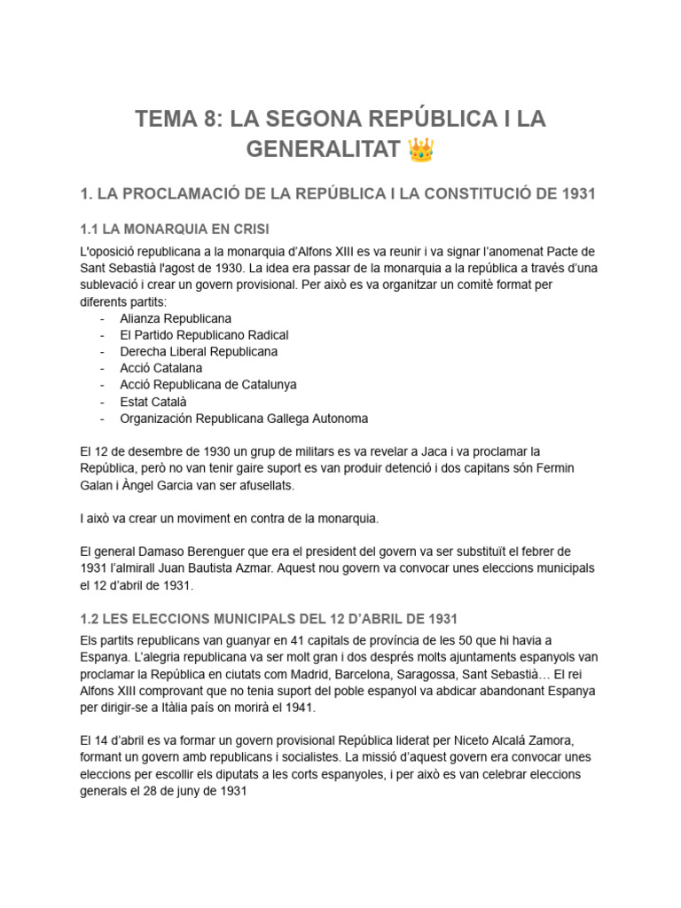 Tema 8 - La Segona Republica I La Generalitat ? | PDF