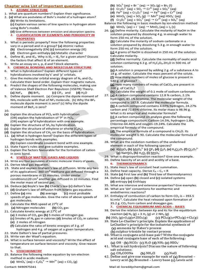 Chapterwise Important Questions | PDF | Molecules | Gases