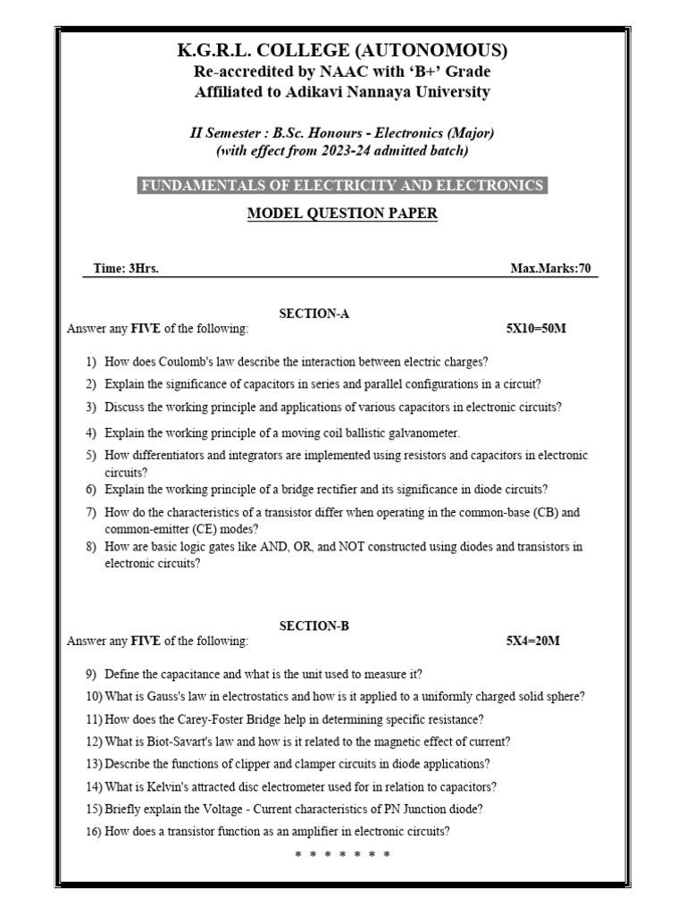 FUNDAMENTALS OF ELECTRICITY AND ELECTRONICS MODEL QUESTION PAPER | PDF