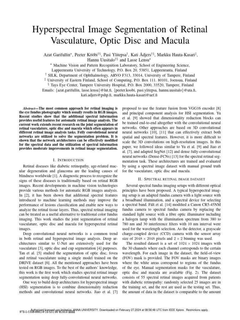 Hyperspectral Image Segmentation of Retinal Vasculature Optic Disc and Macula | PDF | Retina ...