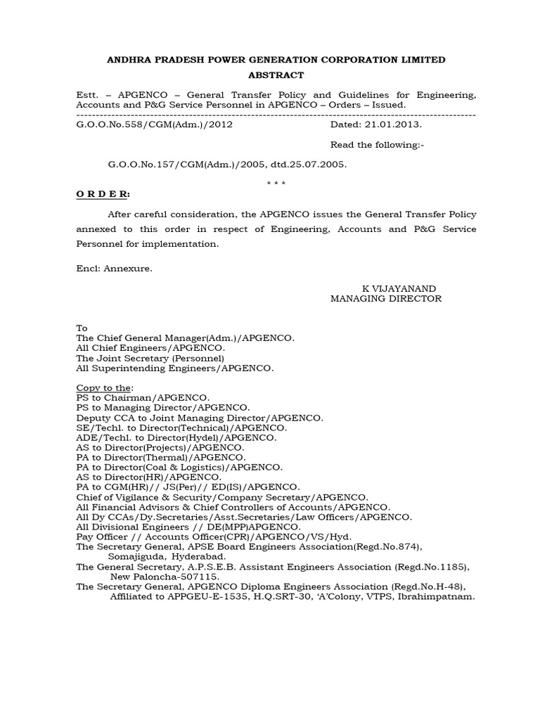 General Transfer Policy Guidelines in 2012-13 in APGENCO | PDF