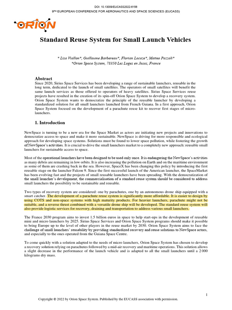 Viallon 2022 - Standard Reuse System For Small Launch Vehicles ...