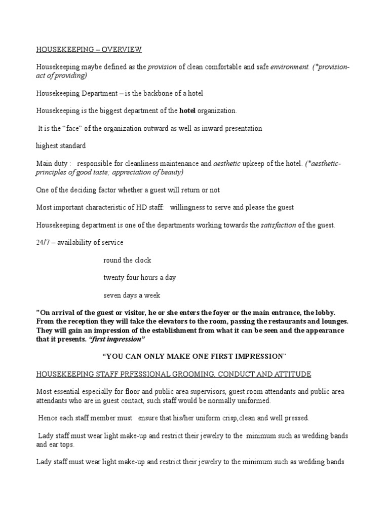 Housekeeping Procedure Lecture Handout - Prelims | PDF | Housekeeping ...