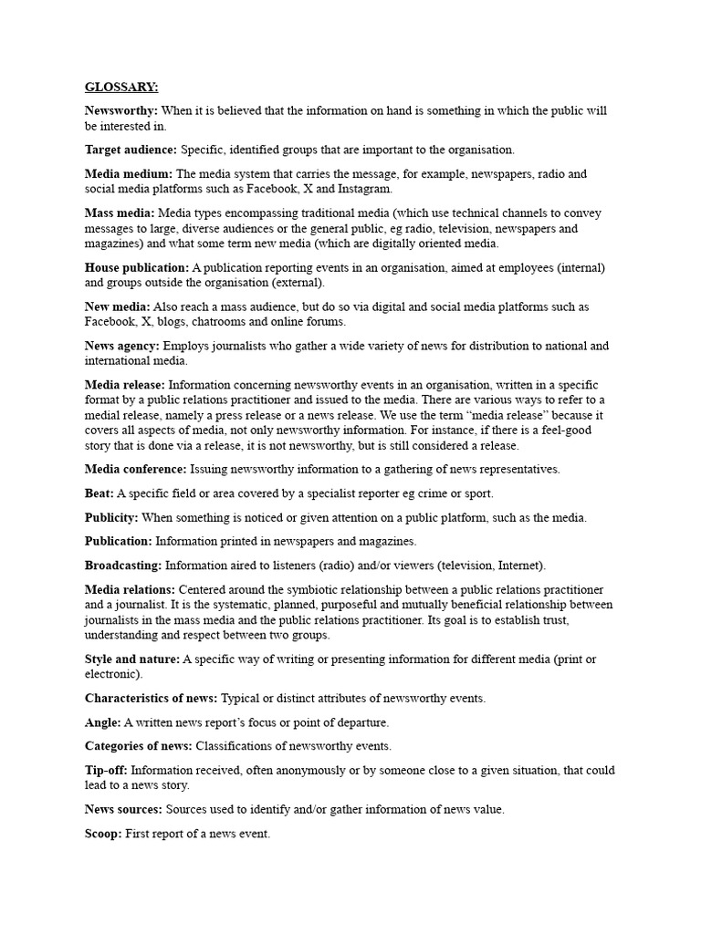 Journalism Glossary Coms 113 | PDF | Mass Media | News