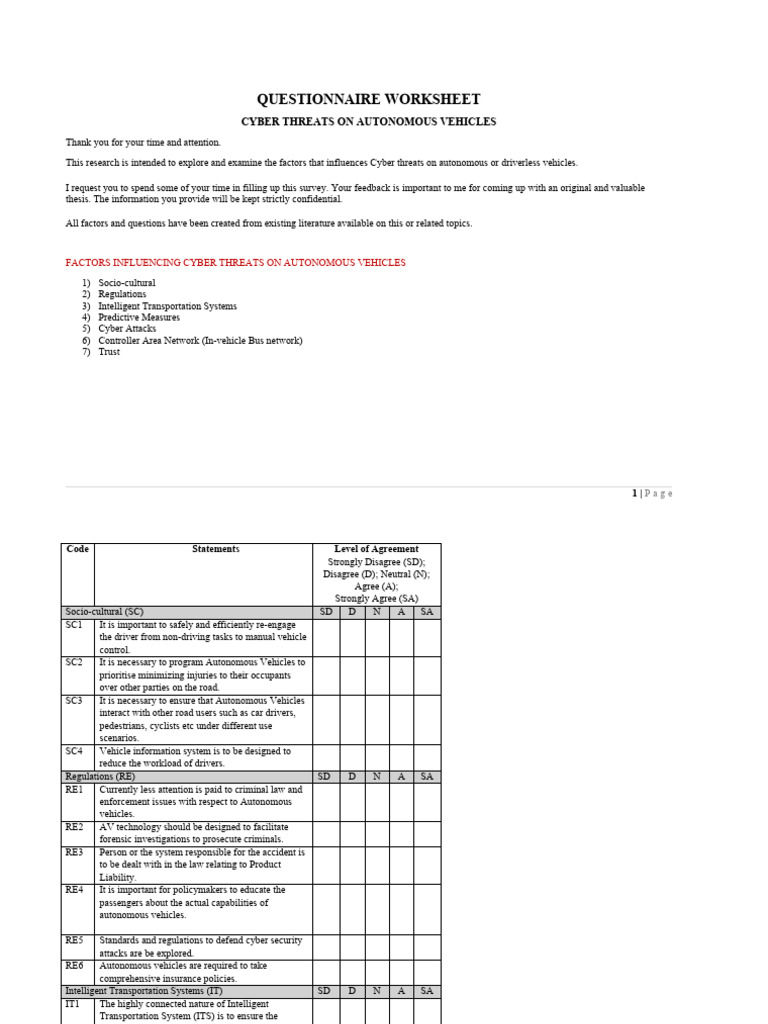 Questionnaire Worksheet | PDF | Traffic | Transport