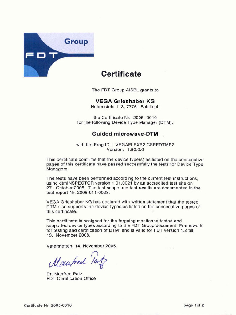 FDT Certificate VEGAFLEX 60 HART | PDF