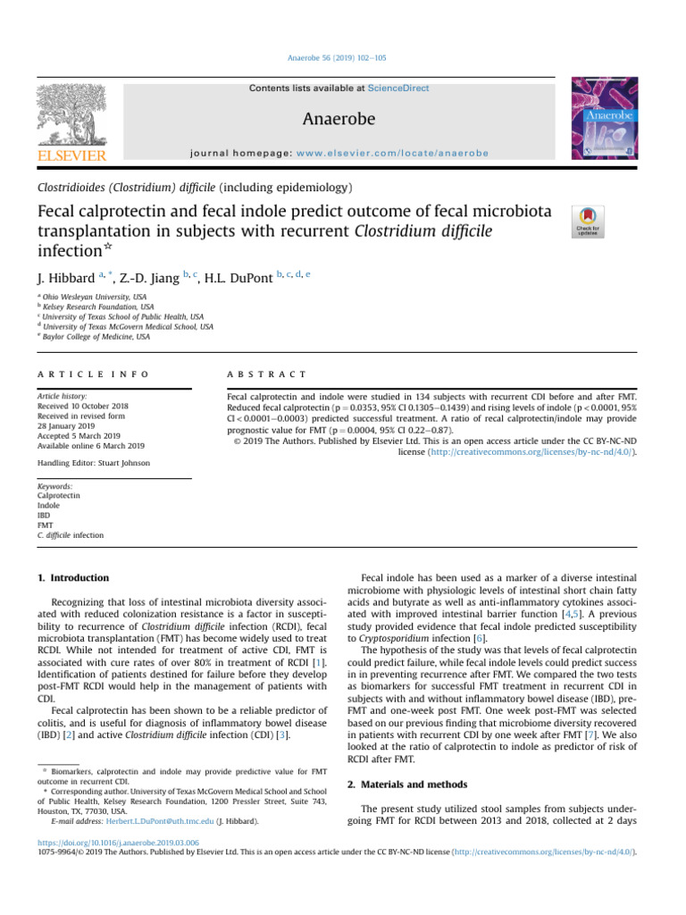 Fecal Calprotectin and Fecal Indole Predict Outcome of Fecal | PDF | Gastroenterology | Gut Flora