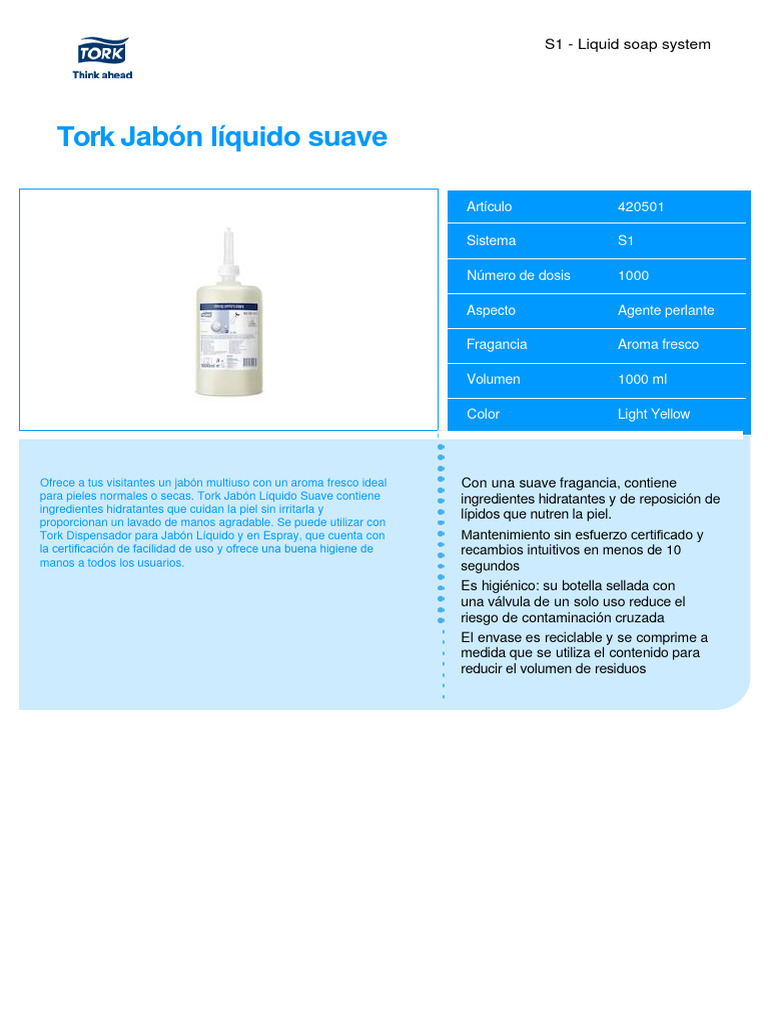 Ficha Técnica Jabón Tork | PDF | Productos cosméticos