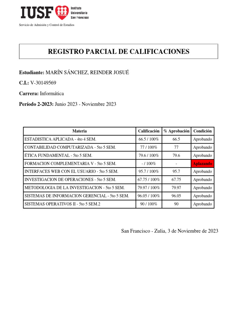 Calificaciones Parciales Reinder Marín 2023 | PDF | Negocios