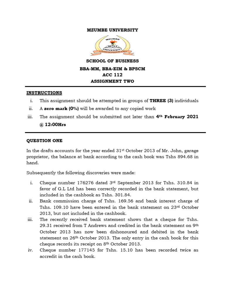 ACC 112 Assignment 2 | PDF | Banks | Cheque