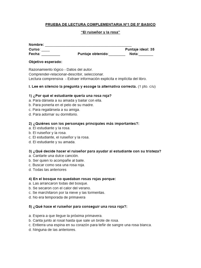 RISUEÑOR PRUEBA DE LECTURA COMPLEMENTARIA Nº1 de 5º Basico | PDF | Rosa