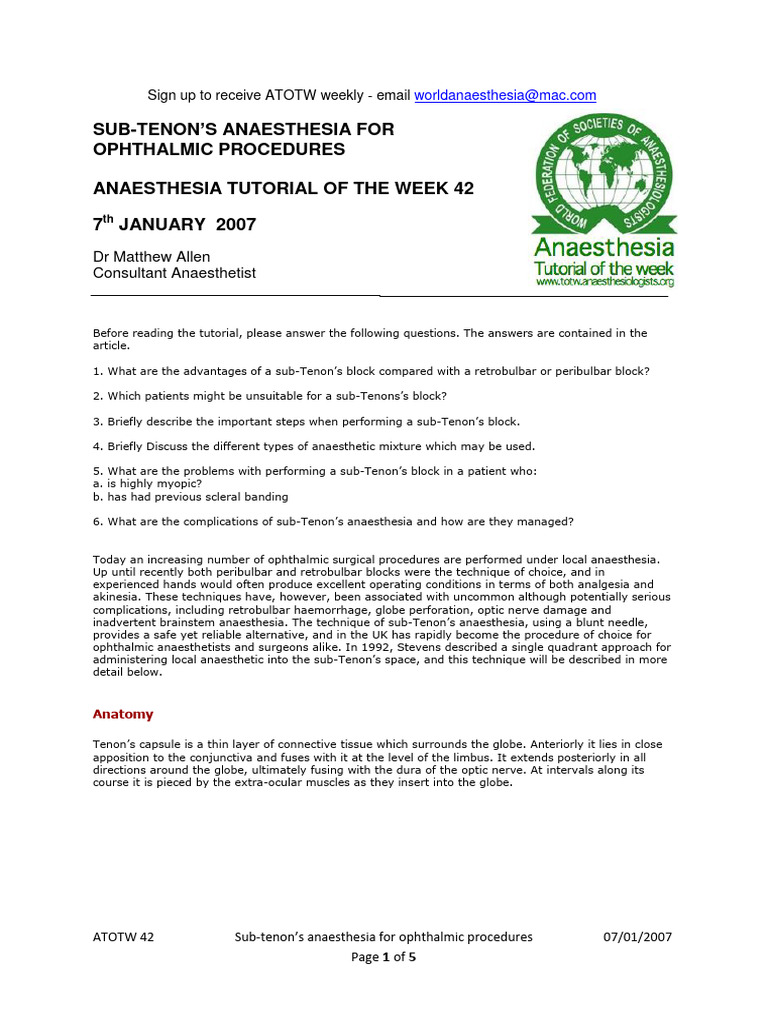 Sub-Tenon's Anaesthesia For Ophthalmic Procedures | PDF | Anesthesia ...