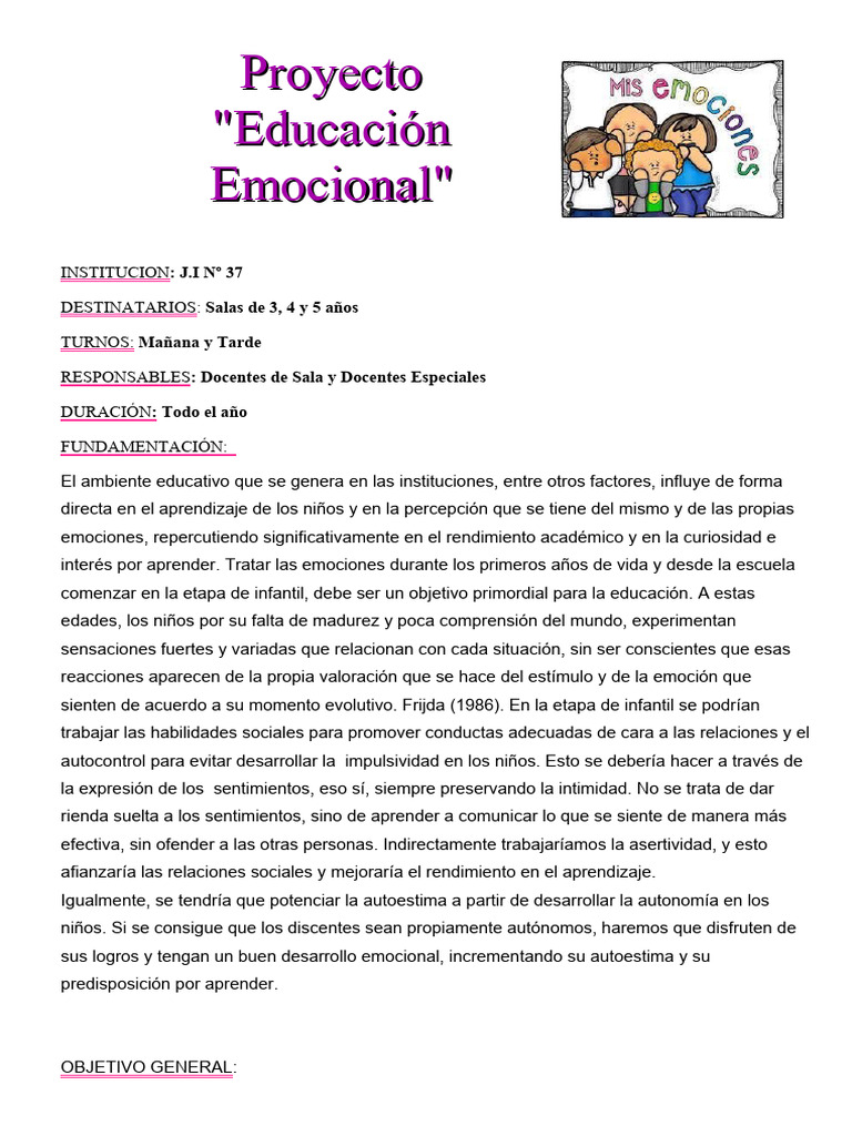 Proyecto de Educacion Emocional Marzo 2024 Corregido | PDF | Las emociones | Aprendizaje