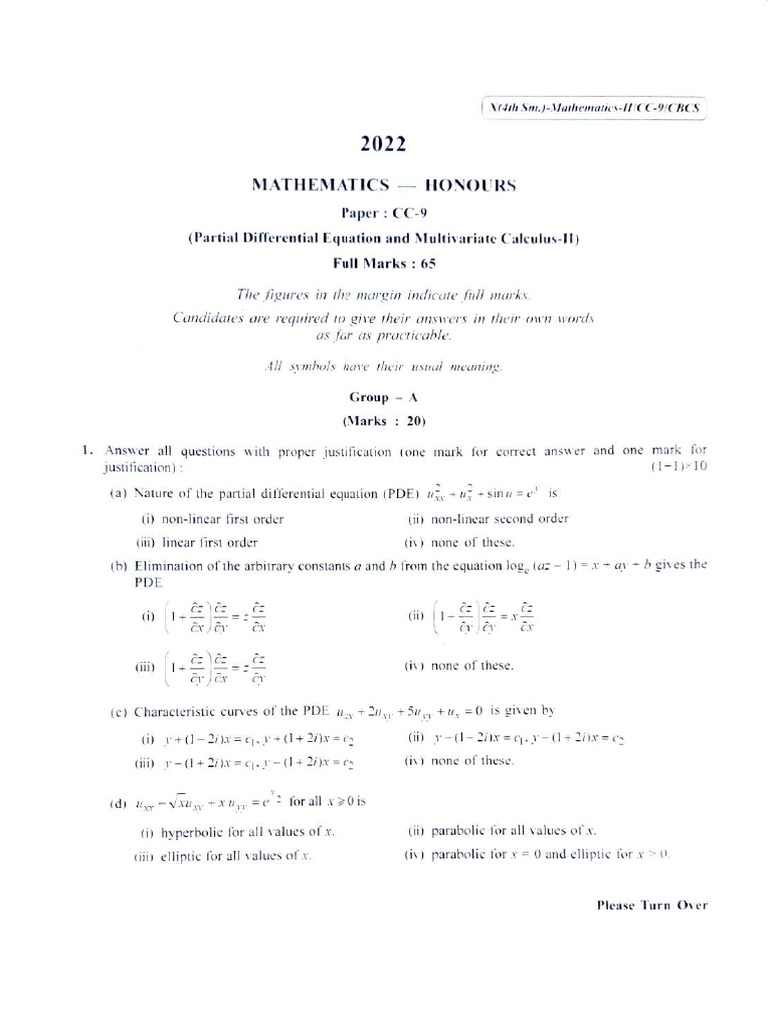 RMCCU-2022 B.Sc. (Honours) Mathematics Semester-4 Paper-CC-9 QP | PDF | Partial Differential ...