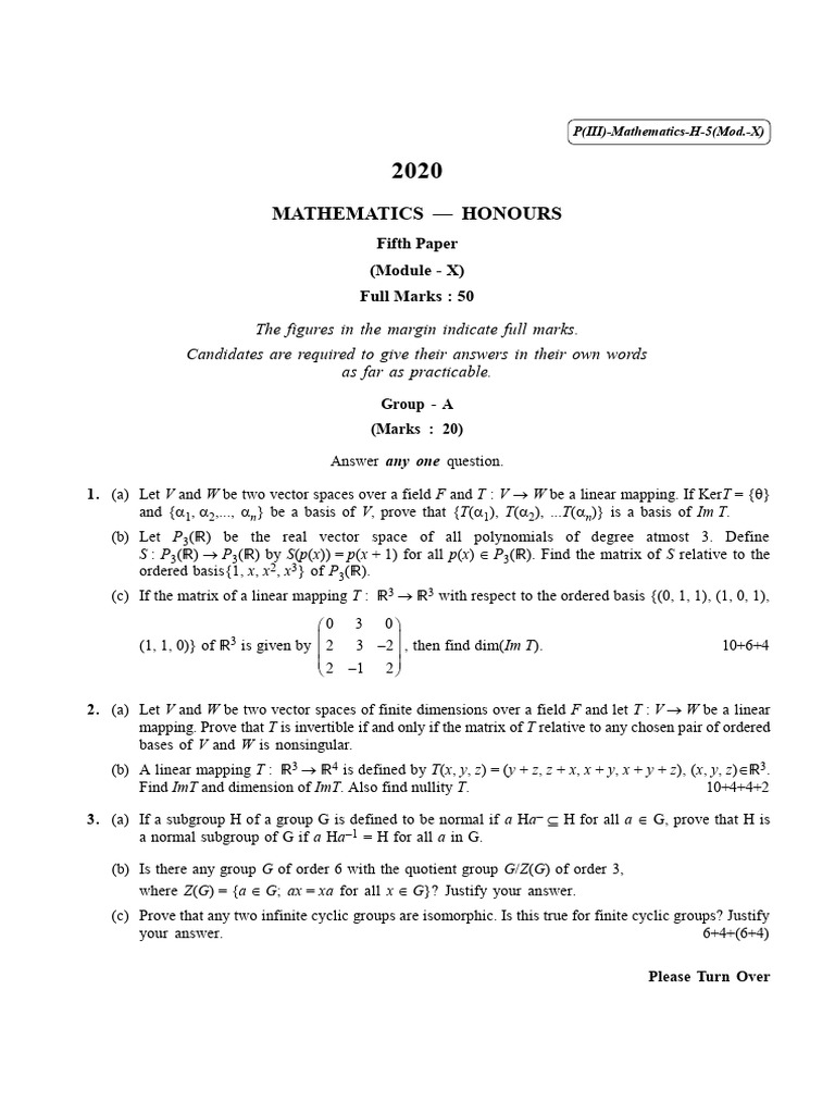 RMCCU-2020 B.Sc. (Honours) Mathematics Part-III Paper-V (Module-X) QP | PDF | Basis (Linear ...