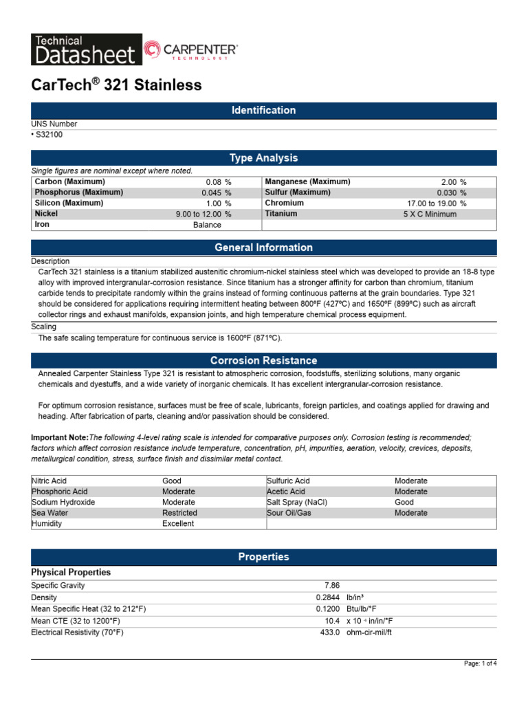 Cartech 321 Stainless: Identification | PDF | Stainless Steel | Corrosion