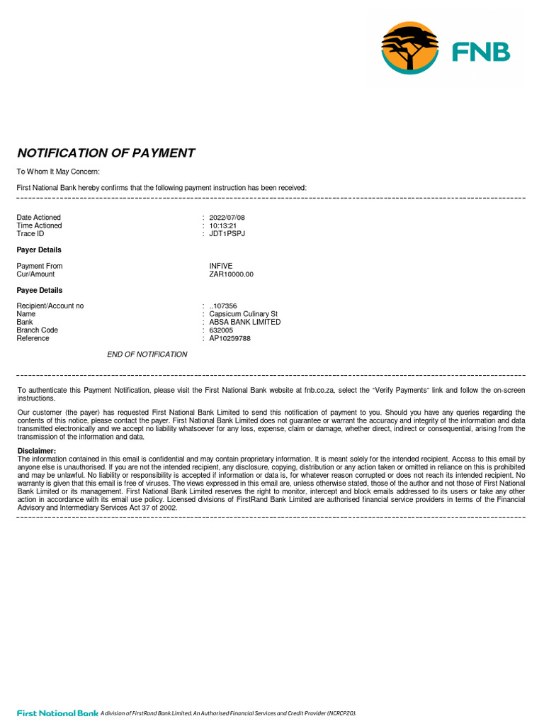 FNB Payment Notification Confirmation | PDF | Payments
