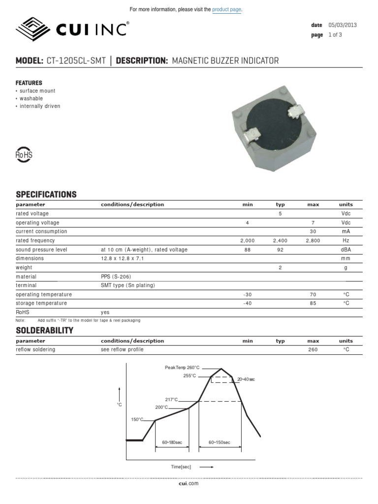 CT-1205CL-SMT Datasheet - MAGNETIC BUZZER INDICATOR - CUI Inc ...