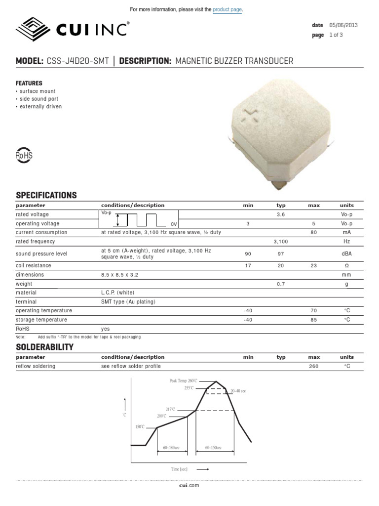 CSS-J4D20-SMT Datasheet - MAGNETIC BUZZER TRANSDUCER - CUI Inc | PDF ...