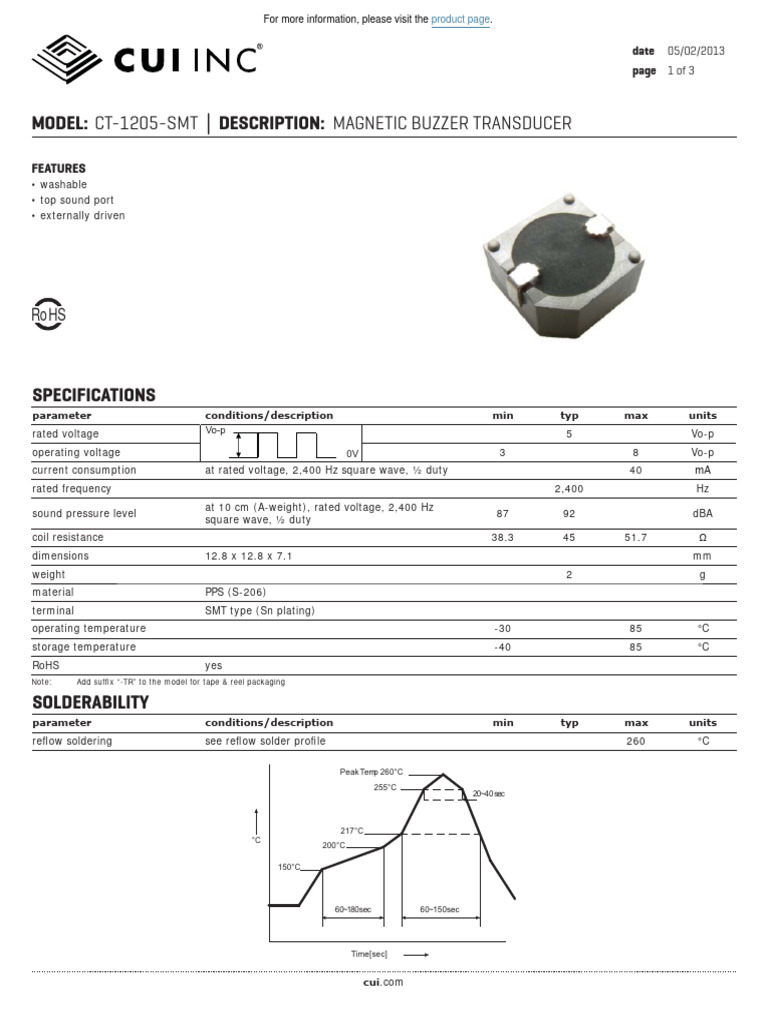 CT-1205-SMT Datasheet - MAGNETIC BUZZER TRANSDUCER - CUI Inc | PDF ...