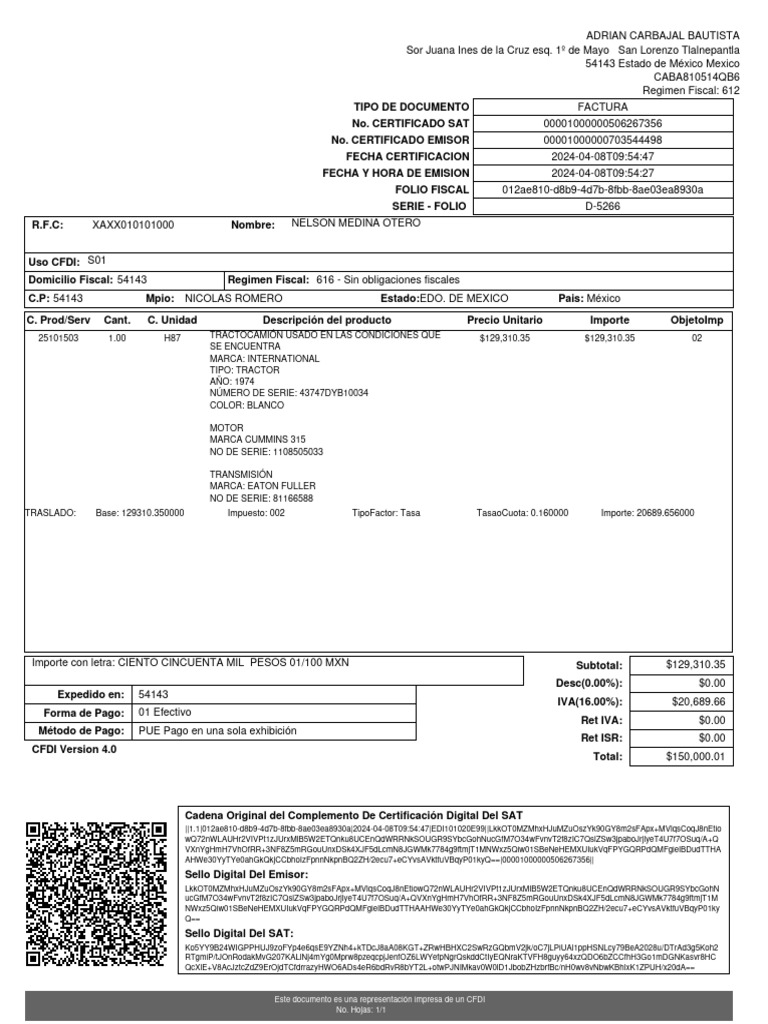 Este Documento Es Una Representación Impresa de Un CFDI No. Hojas: 1/1 | PDF | Servicios ...