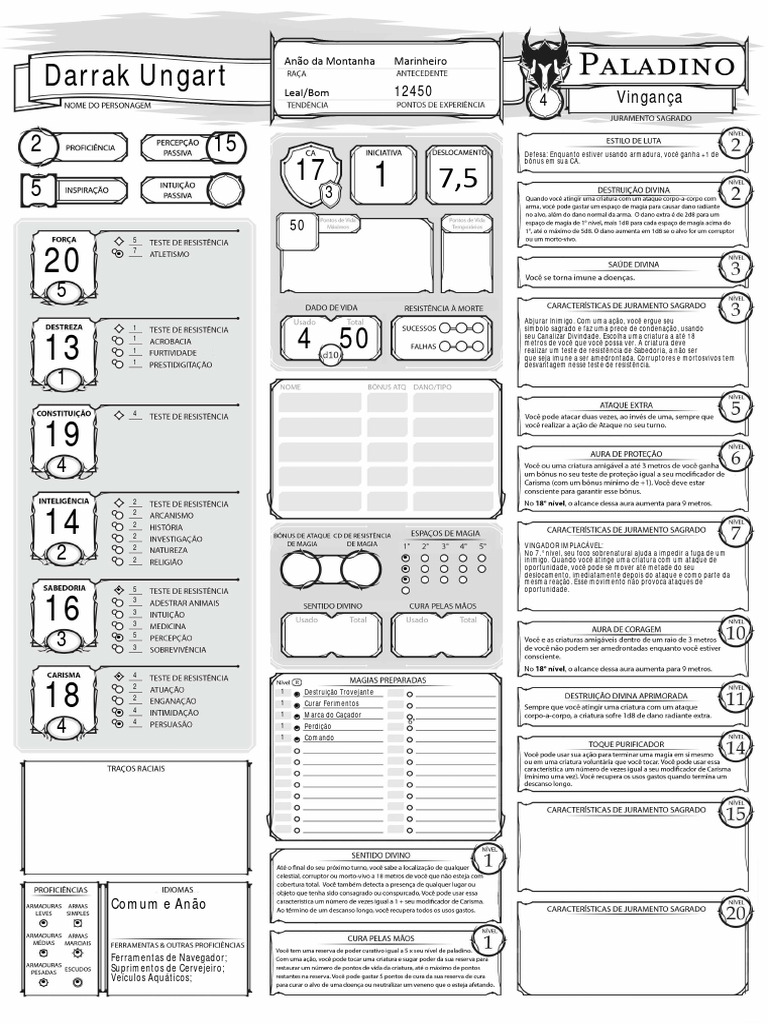 Ficha de Paladino D&D 5E: Darrak Ungart | PDF