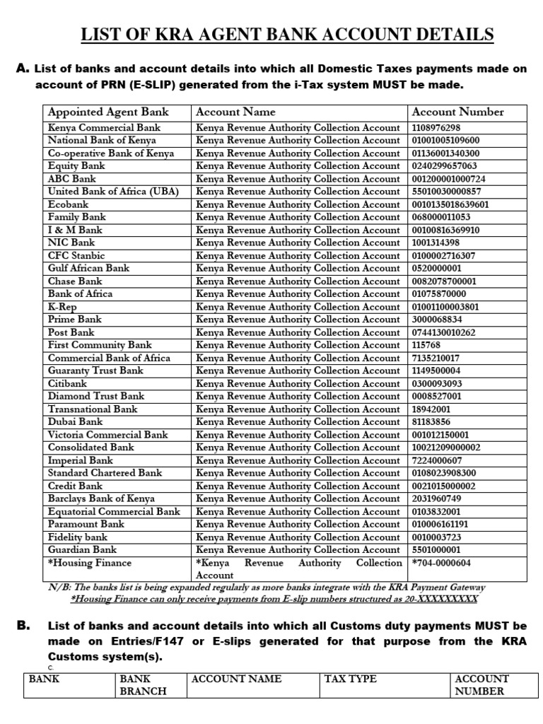 KRA Agent Bank Account Details List | PDF | Taxes | Revenue