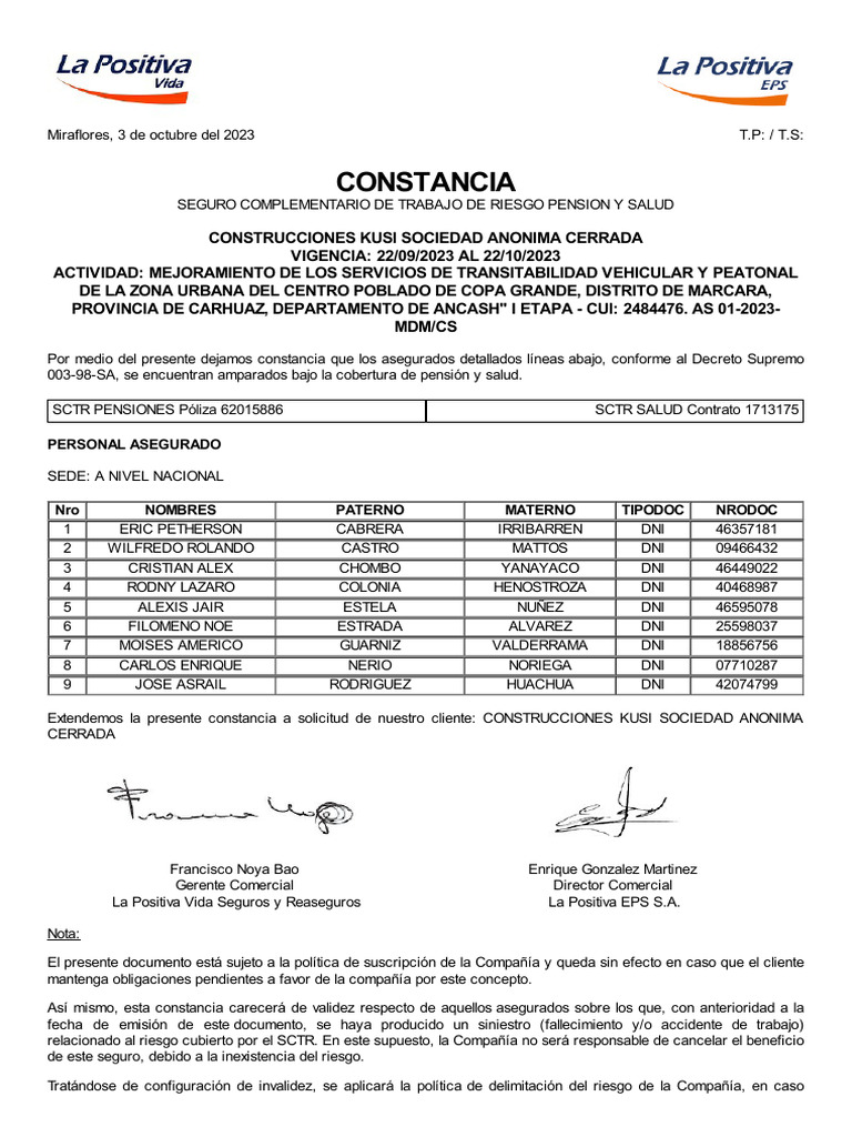 Pdfconstancia SCTR Kusi Sac Octubre 2023 Obk06 | PDF | Póliza de seguros | Seguro