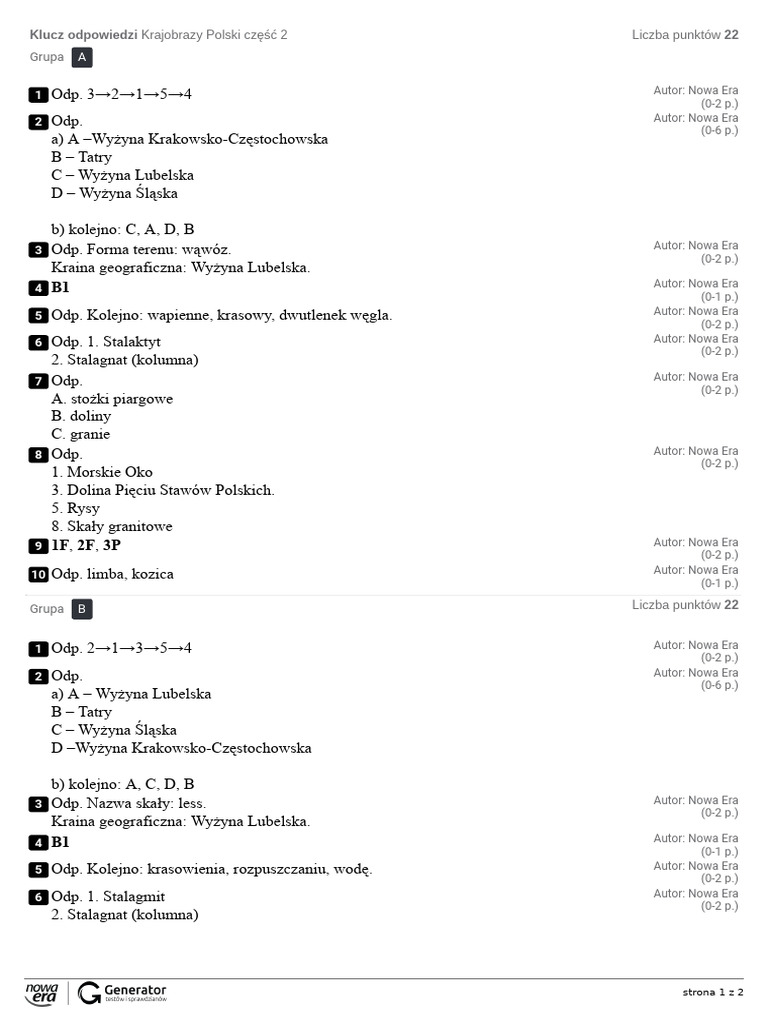Krajobrazy Polski część 2 Klucz odpowiedzi | PDF