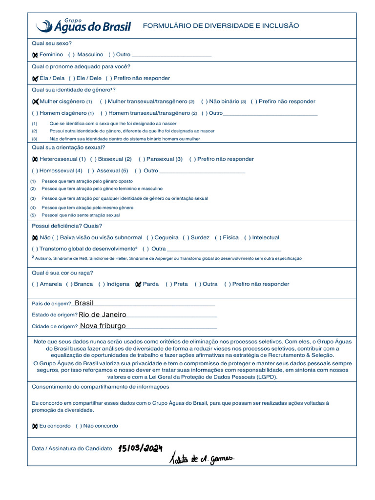 FORMULÁRIO DE DIVERSIDADE E INCLUSÃO Final 2 | PDF | Identidade de ...