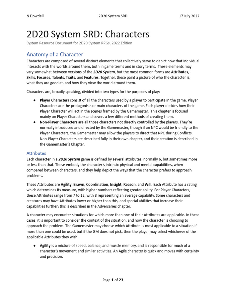 2D20 SRD Ch2 Characters v1.0 | PDF | Knowledge | Reason