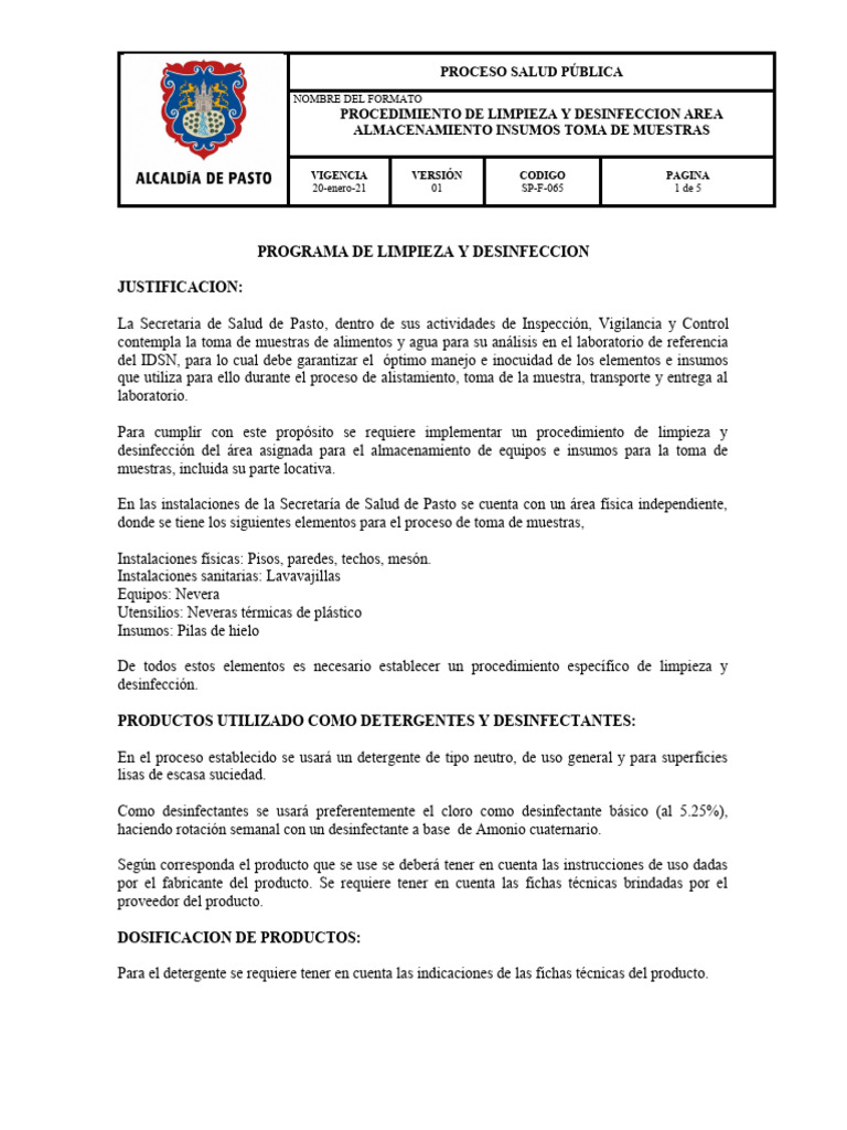 PROGRAMA DE LIMPIEZA Y DESINFECCION Cocina | PDF | Agua | Alimentos