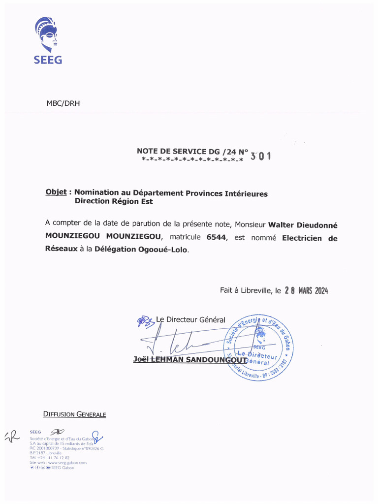 Note de Service DG N°301 | PDF