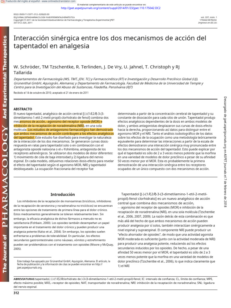 ARTÍCULO Tallarida Tapentadol - En.es ESPAÑOL | PDF | Analgésico | Naloxona