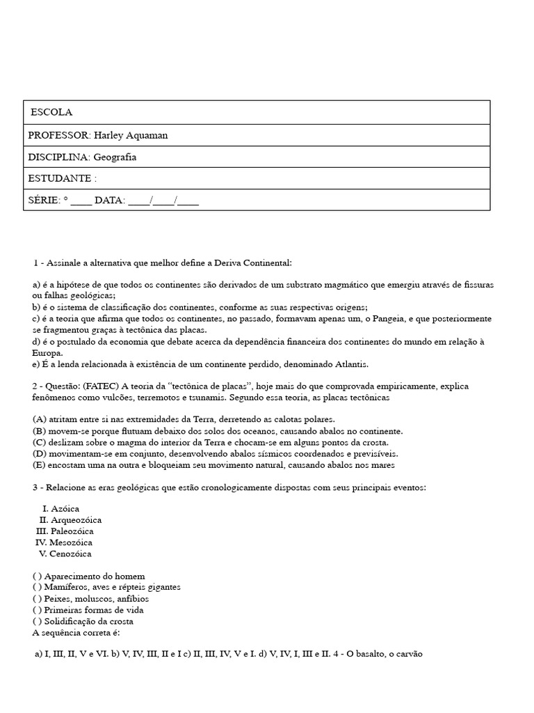 Prova de Geologia - Ensino Médio | PDF | Rochas (Geologia) | Terra