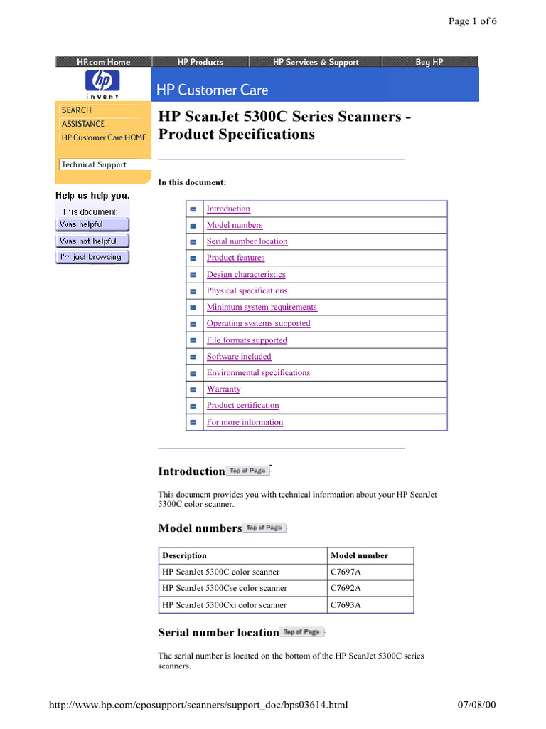 HP ScanJet5300C Product Specifications | Download Free PDF | Image Scanner | Computer Science