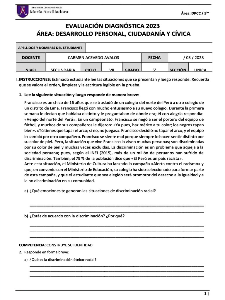 PDF Evaluacion Diagnostica DPCC 5to Sec 2023 - Compress | PDF | Perú | Identidad Política